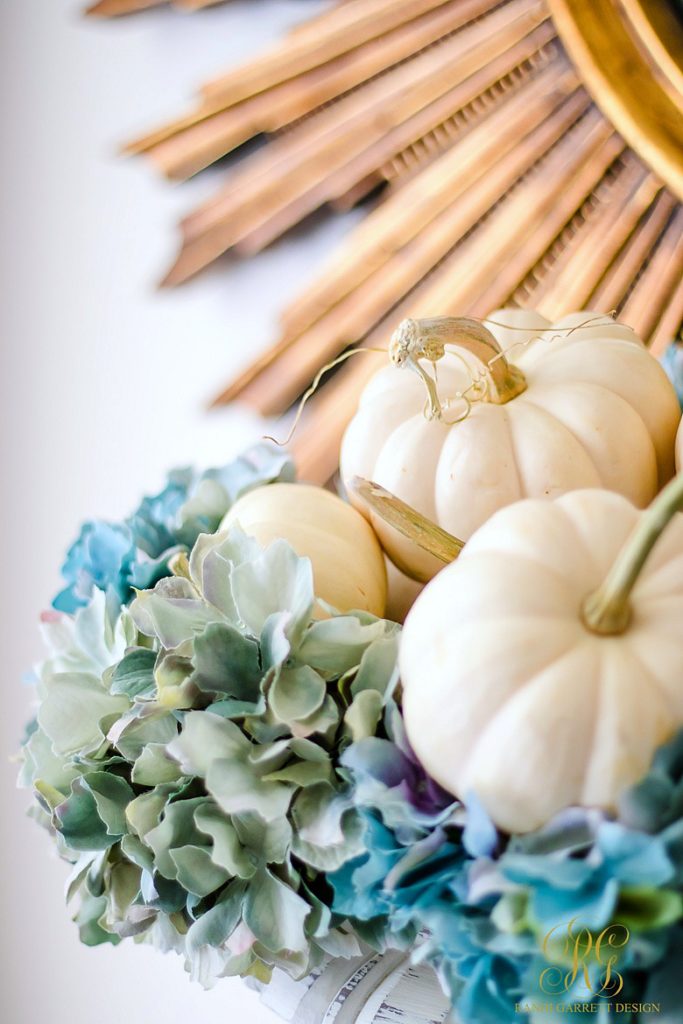 Simple White Pumpkin Hydrangea Arrangement - Randi Garrett Design