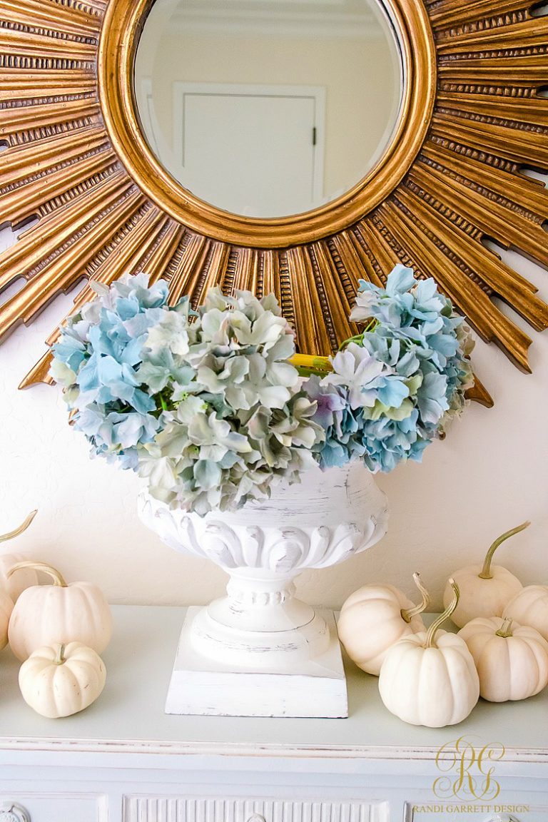 Simple White Pumpkin Hydrangea Arrangement - Randi Garrett Design