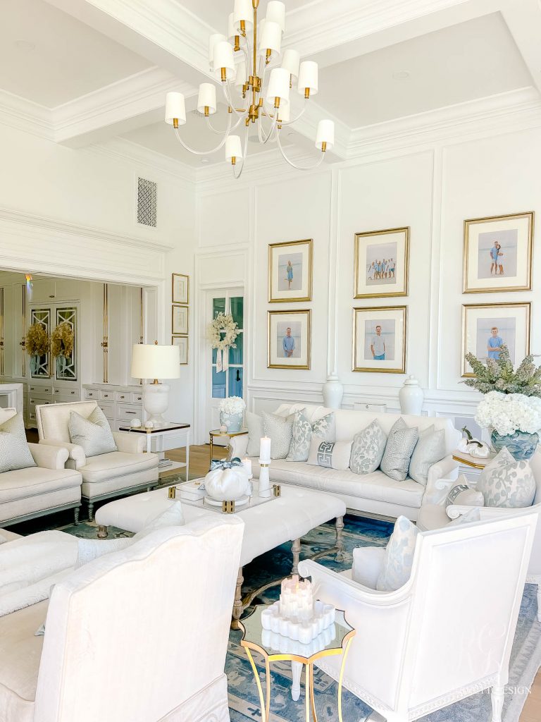 Luxe Blue and White Fall Family Room - Randi Garrett Design