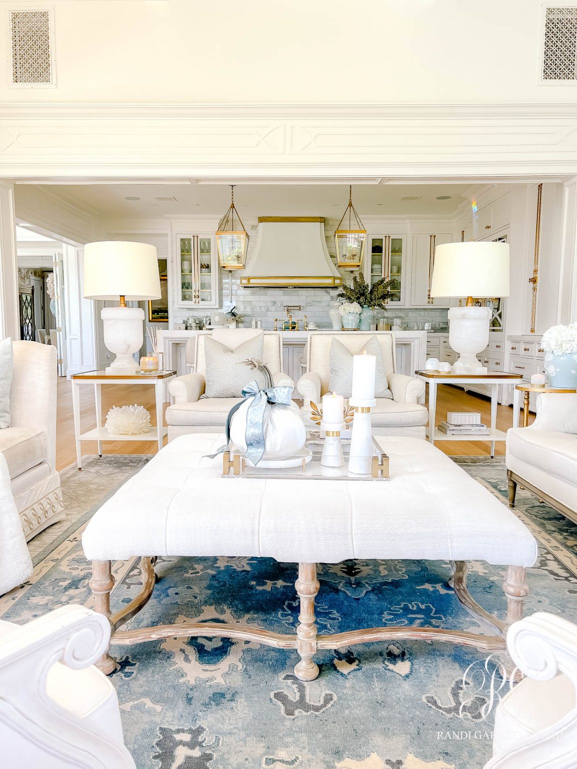Luxe Blue and White Fall Family Room - Randi Garrett Design